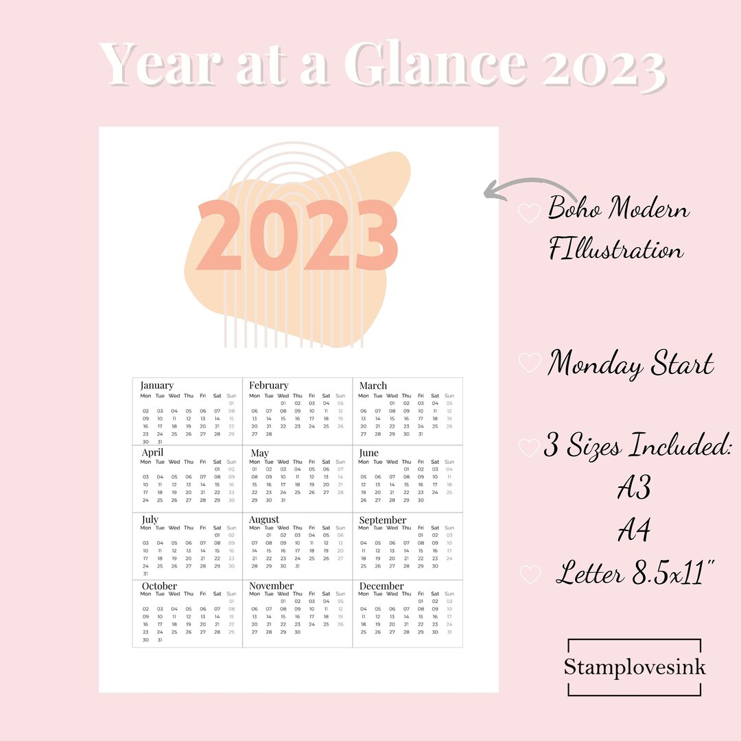 Modern Boho Year at a Glance Calendar Year at a Glance 2023 - Etsy