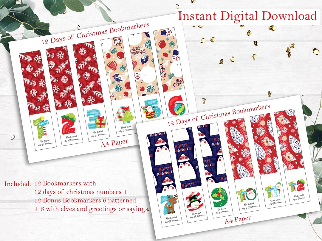 Printable 12 Days of Christmas Bookmarks - Set of 12 + Bonus Set ...