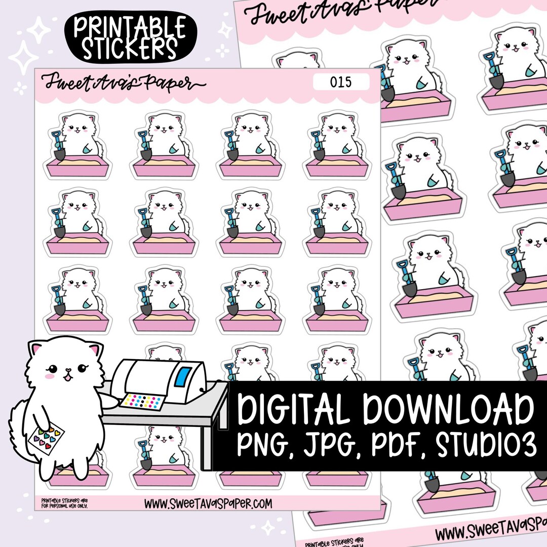 Printable Planner Stickers Snowball the Cat Cleaning Litter Box Instant ...