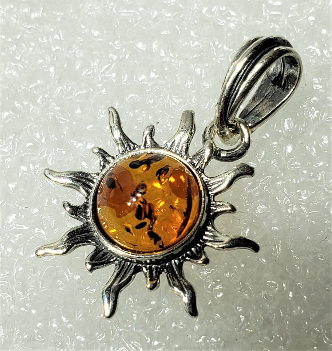Sterling Silver Small Sun Charm With Baltic Amber Stone Size 8 Mm Made ...