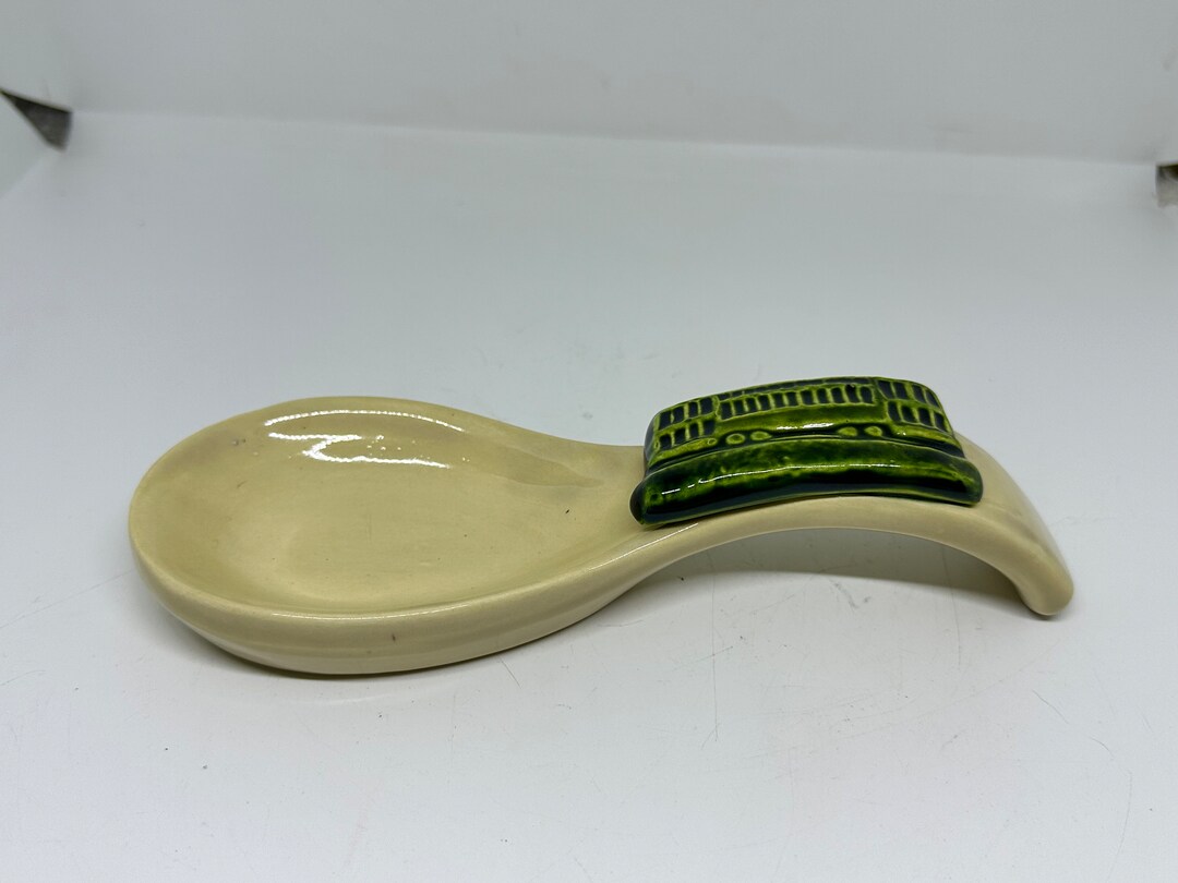 Off White/ Dark Green Street Car Spoon Rest Ceramic Handmade Souvenirs ...