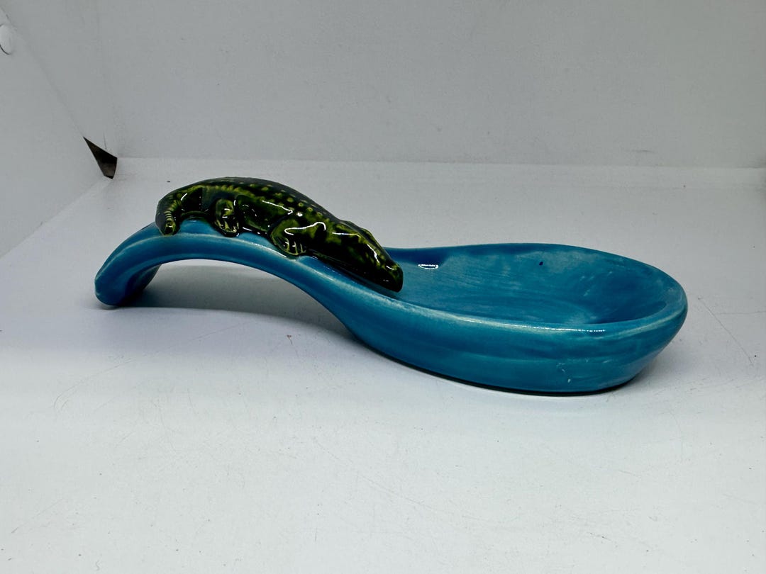 Caribbean Blue and Leaf Green Alligator Spoon Rest Ceramic Handmade 8 ...