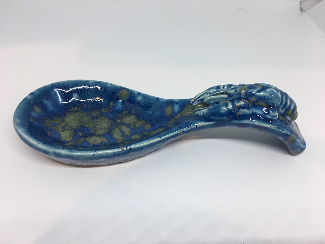 Blue With Gold and White Spots Crawfish Spoon Rest Ceramic Handmade ...