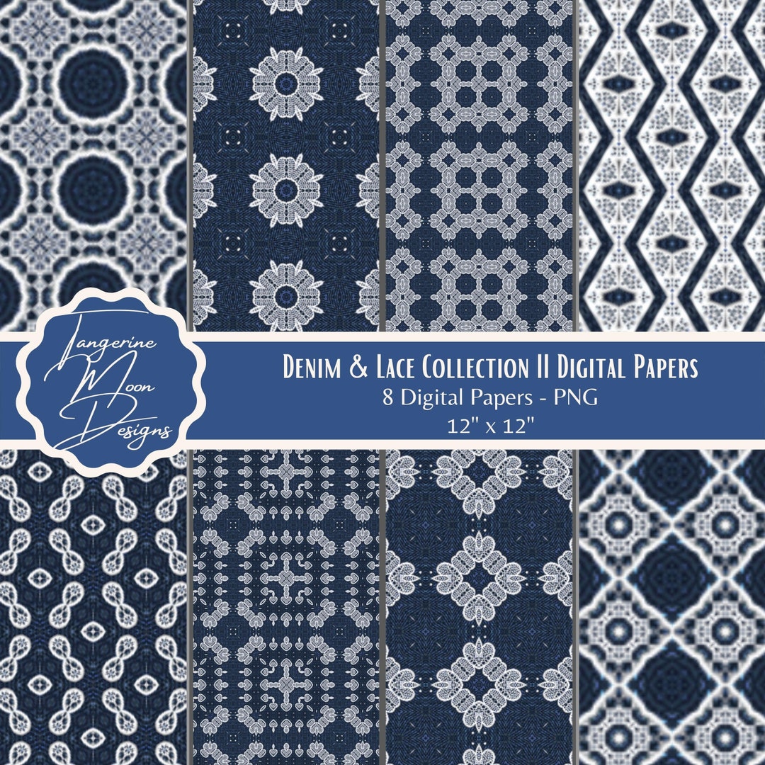 Denim & Lace Digital Paper | Seamless Blue and White Patterns (download ...