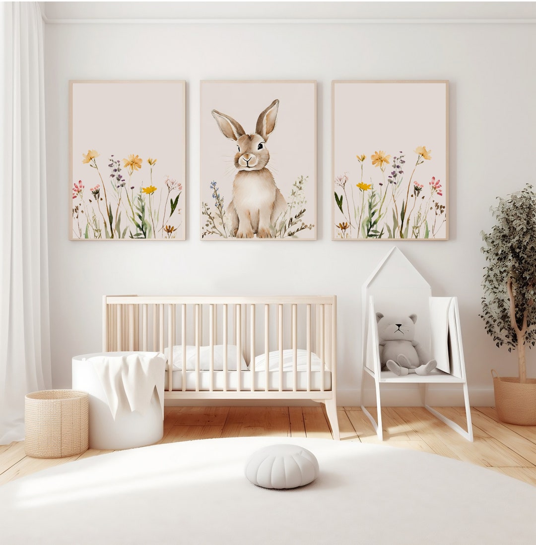 Bunny Nursery Prints, Floral Bunny Nursery Wall Art, Wildflower Nursery ...