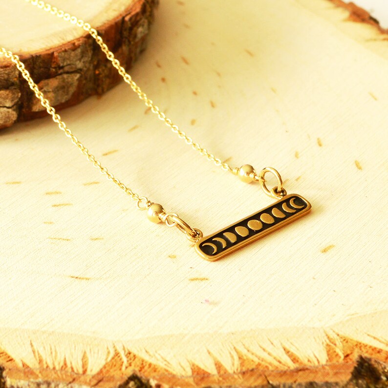 Phases of the Moon Bronze, 14kt Gold Filled Chain, Horizontal Bar ...