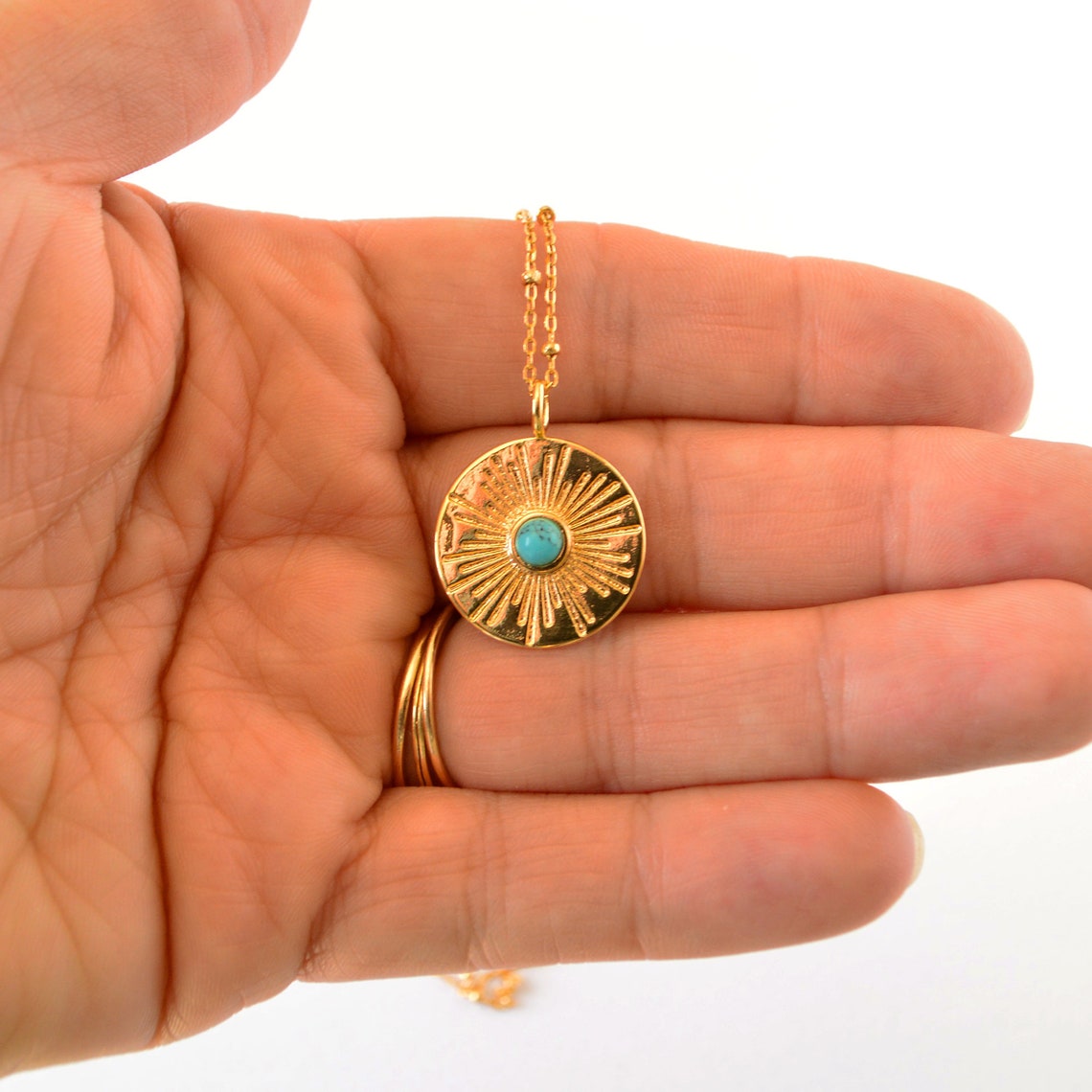 Sun Medallion With Turquoise Stone, 18kt Gold Plated, 14kt Gold Filled ...