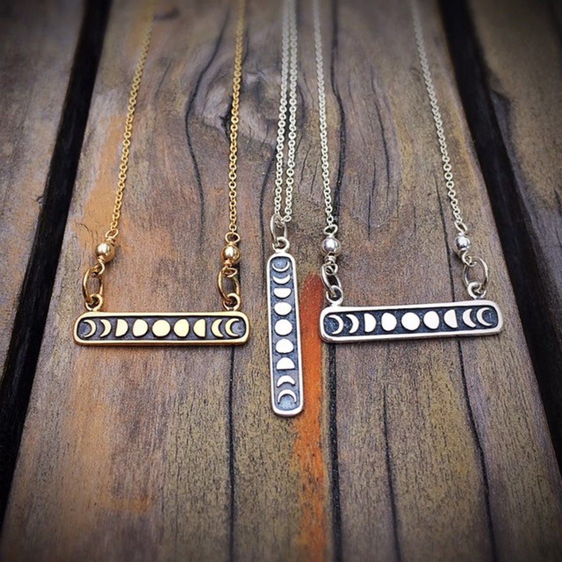 Phases of the Moon Bronze, 14kt Gold Filled Chain, Horizontal Bar ...