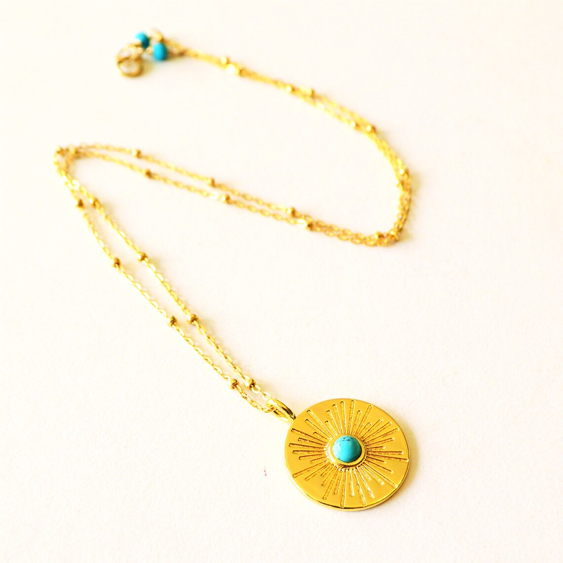 Sun Medallion With Turquoise Stone, 18kt Gold Plated, 14kt Gold Filled ...