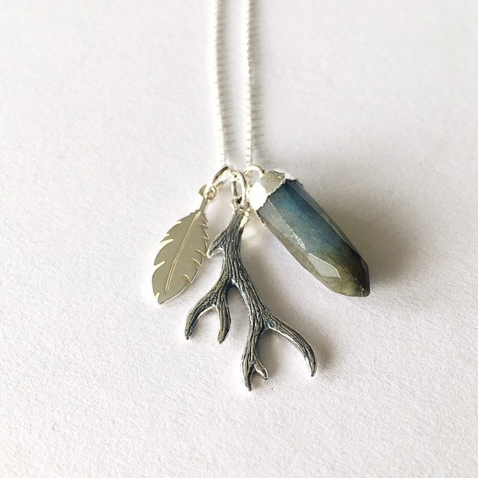 Natural Bronze Deer Antler, Sterling Silver Feather, Labradorite Spike ...