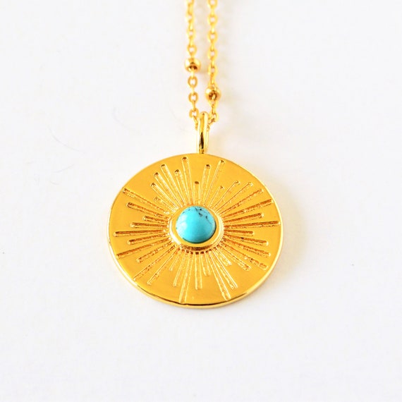 Sun Medallion With Turquoise Stone 18kt Gold Plated 14kt - Etsy
