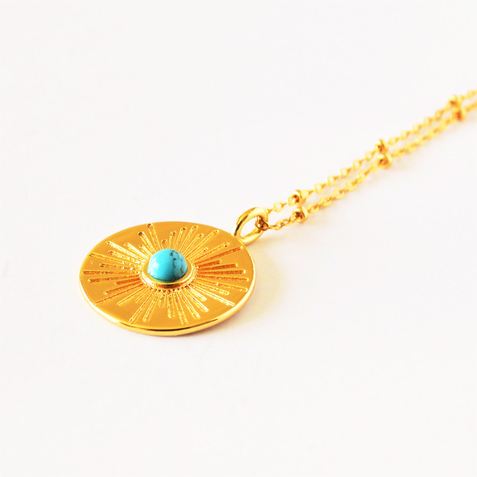 Sun Medallion With Turquoise Stone, 18kt Gold Plated, 14kt Gold Filled ...