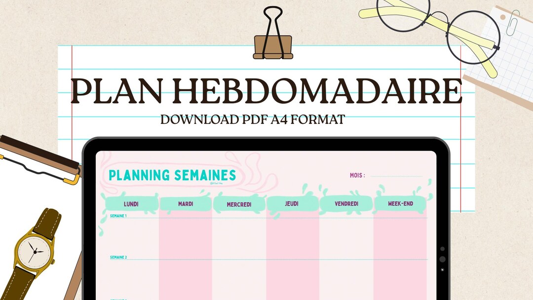 Plan Hebdomadaire Imprimable PDF – Organiseur De Semaine A4 – Planning ...