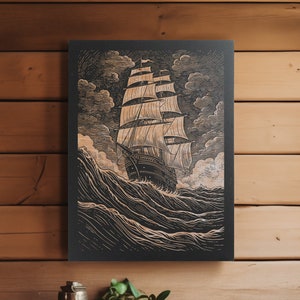 Clipper Ship Engraved Wood Panel Vintage Nautical Block Print Wall Art ...