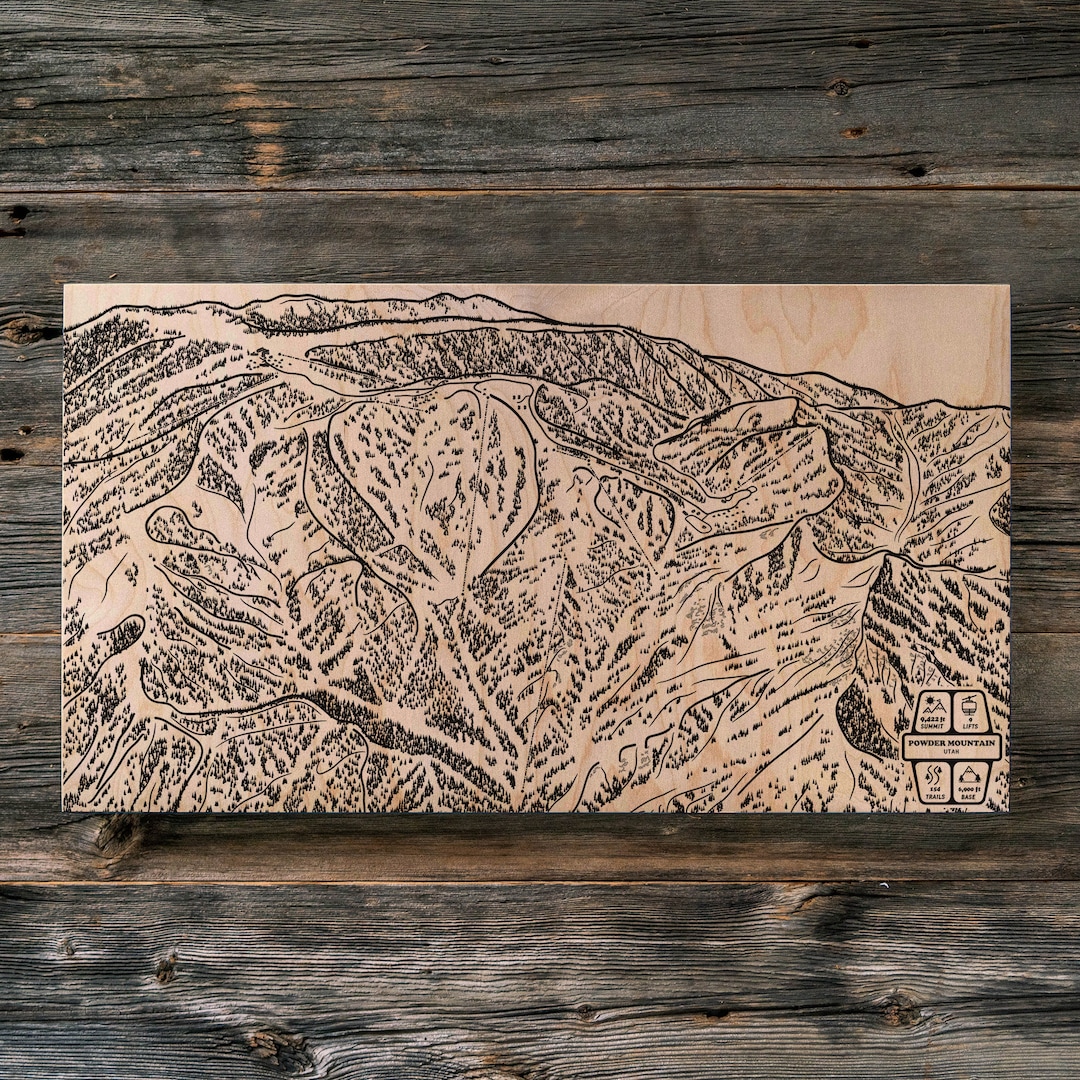 Powder Mountain, Utah Ski Trail Map Engraved Wood Wall Art, Winter ...