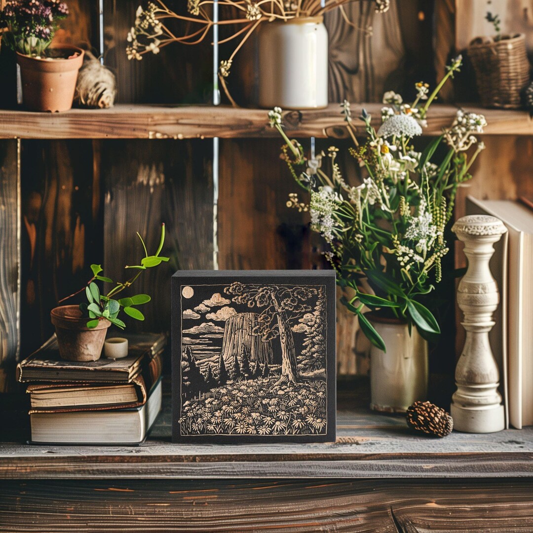 Wyoming Devil's Tower Engraved Birch Wood Panel | Linocut Block Print ...