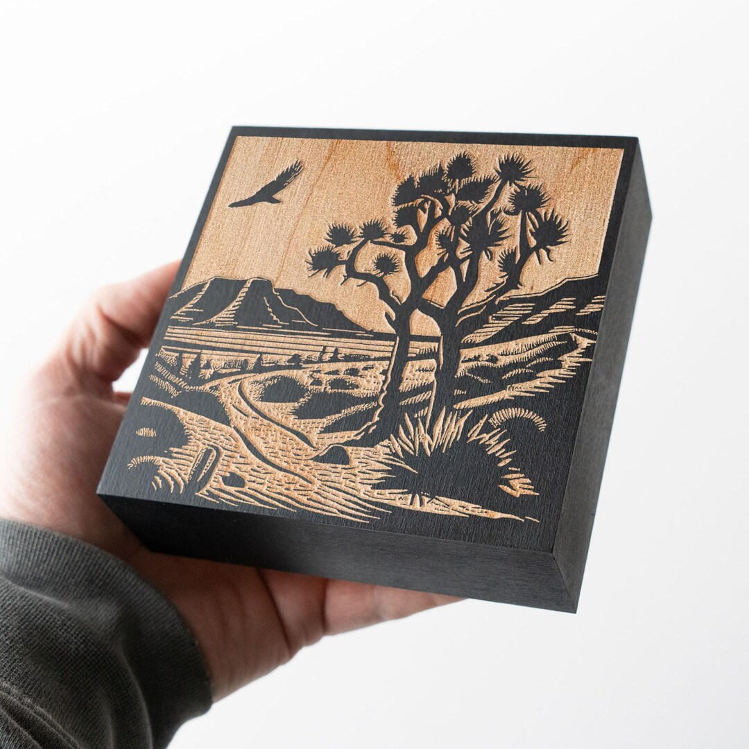 Joshua Tree Scene Engraved Birch Wood Panel | Block Print Style Nature ...