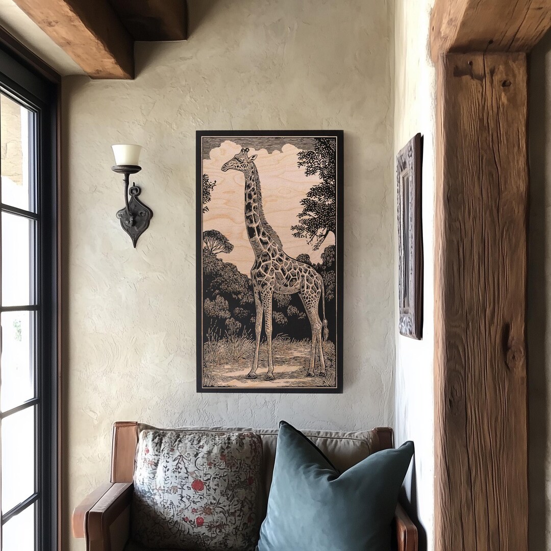 Giraffe Engraved Birch Wood Panel | Block Print Inspired African Animal ...