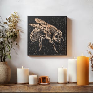 Honey Bee Mini Engraved Birch Wood Panel Block Print Style Nature Lover ...