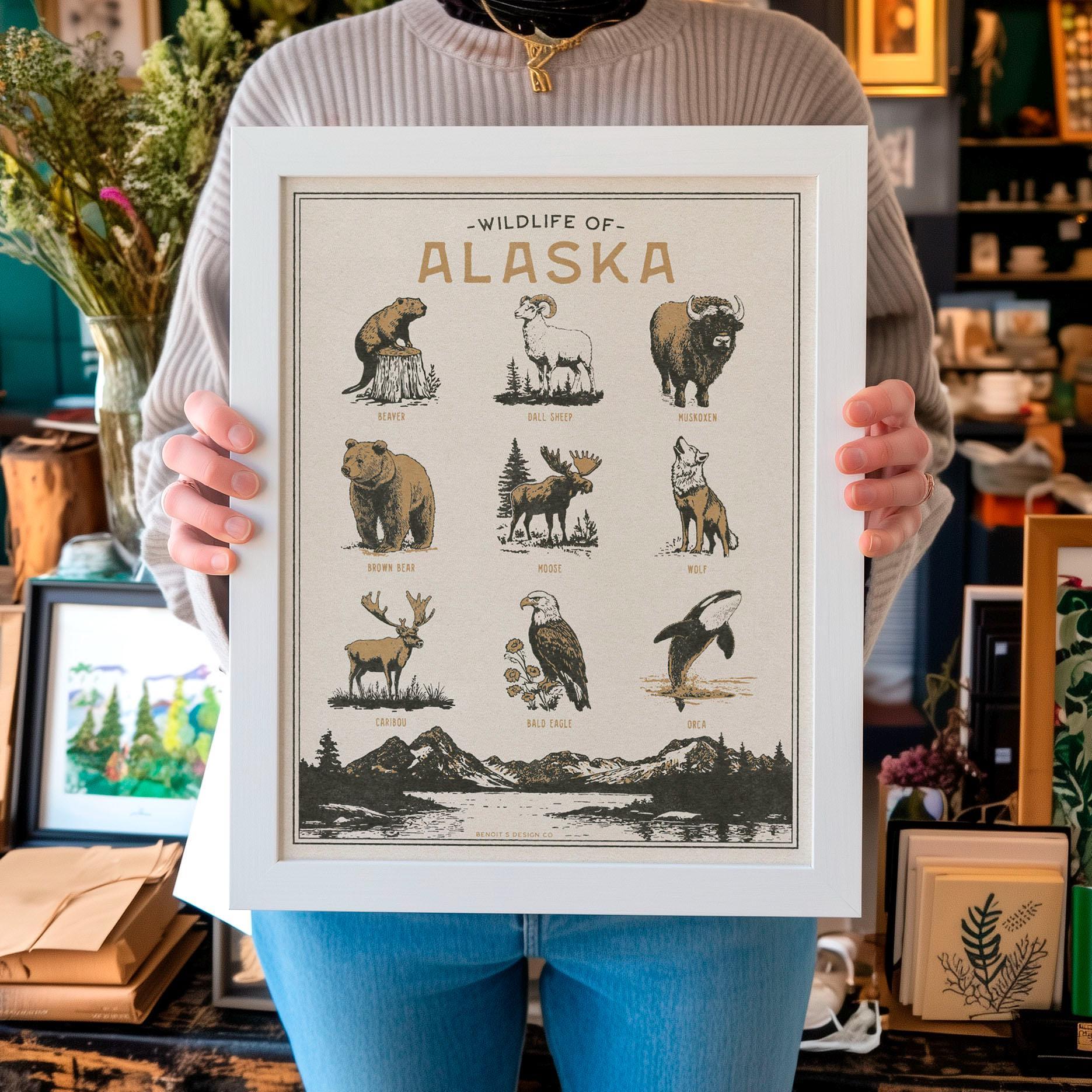 Alaska Wildlife Wall Art Print - Vintage Animal Poster Design, Archival ...