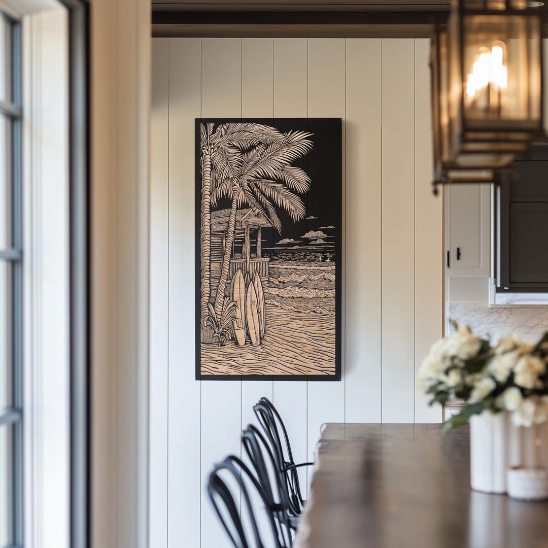 Surf Shack Engraved Birch Wood Panel | Block Print Inspired Beach Lover ...