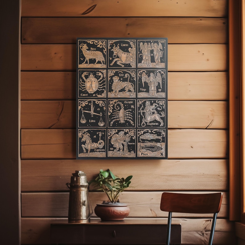 Zodiac Engraved Birch Wood Panel | Block Print Style Wall Art ...
