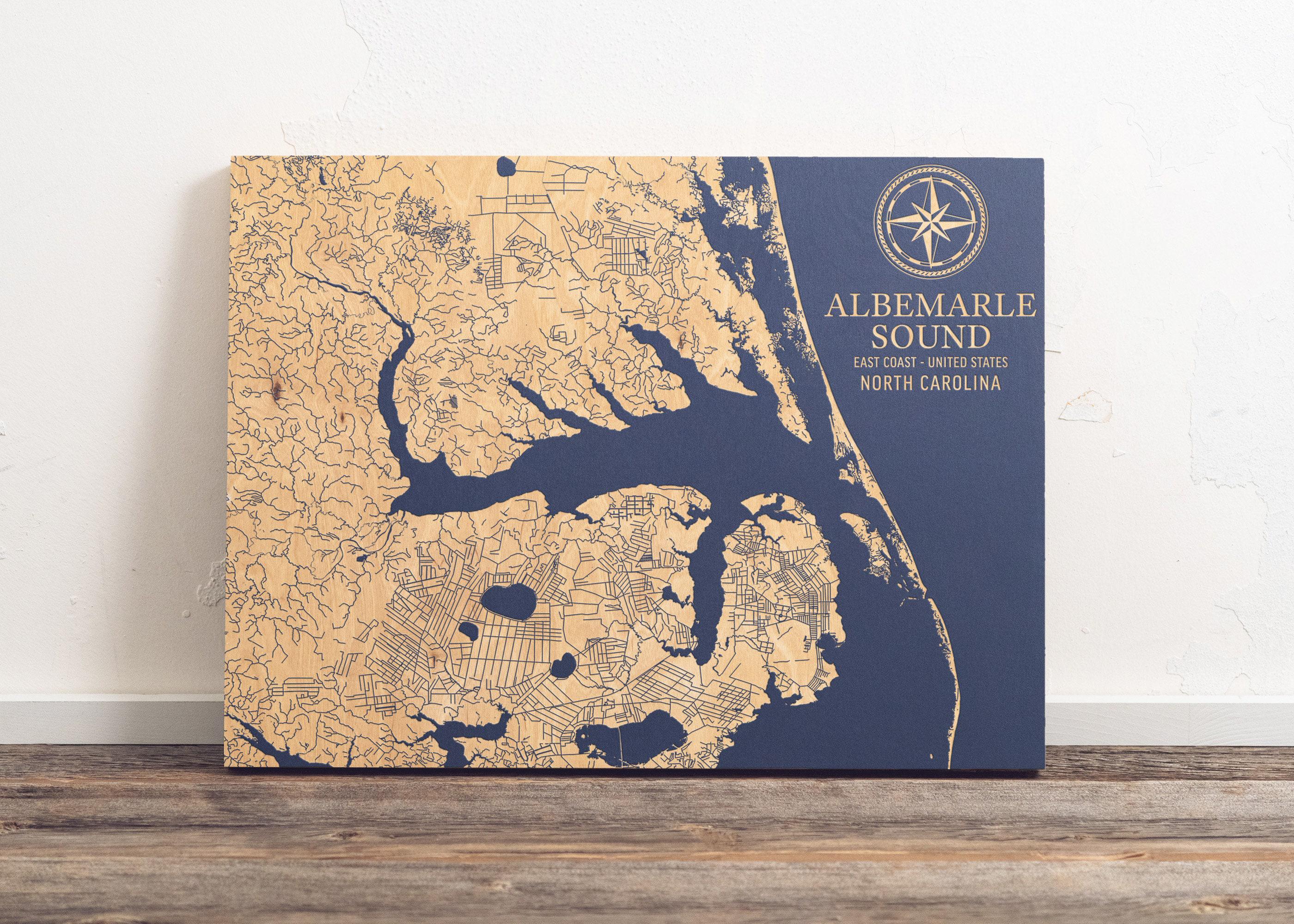 Albemarle Sound, North Carolina Map | Engraved Wood Coastal Chart Wall ...