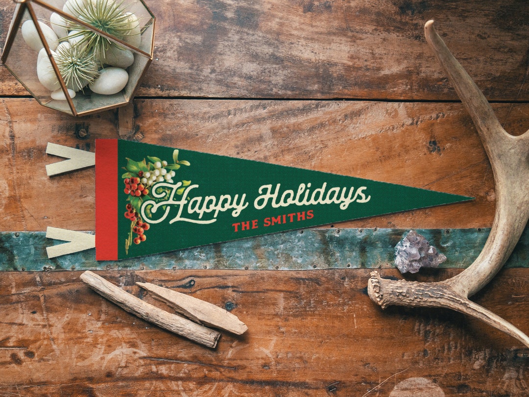Personalized Happy Holidays Name Sign Felt Pennant Custom Vintage Style ...
