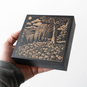 Wyoming Devil's Tower Engraved Birch Wood Panel | Linocut Block Print ...