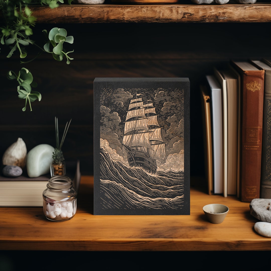 Clipper Ship Mini Engraved Wood Panel Vintage Nautical Block Print Wall ...