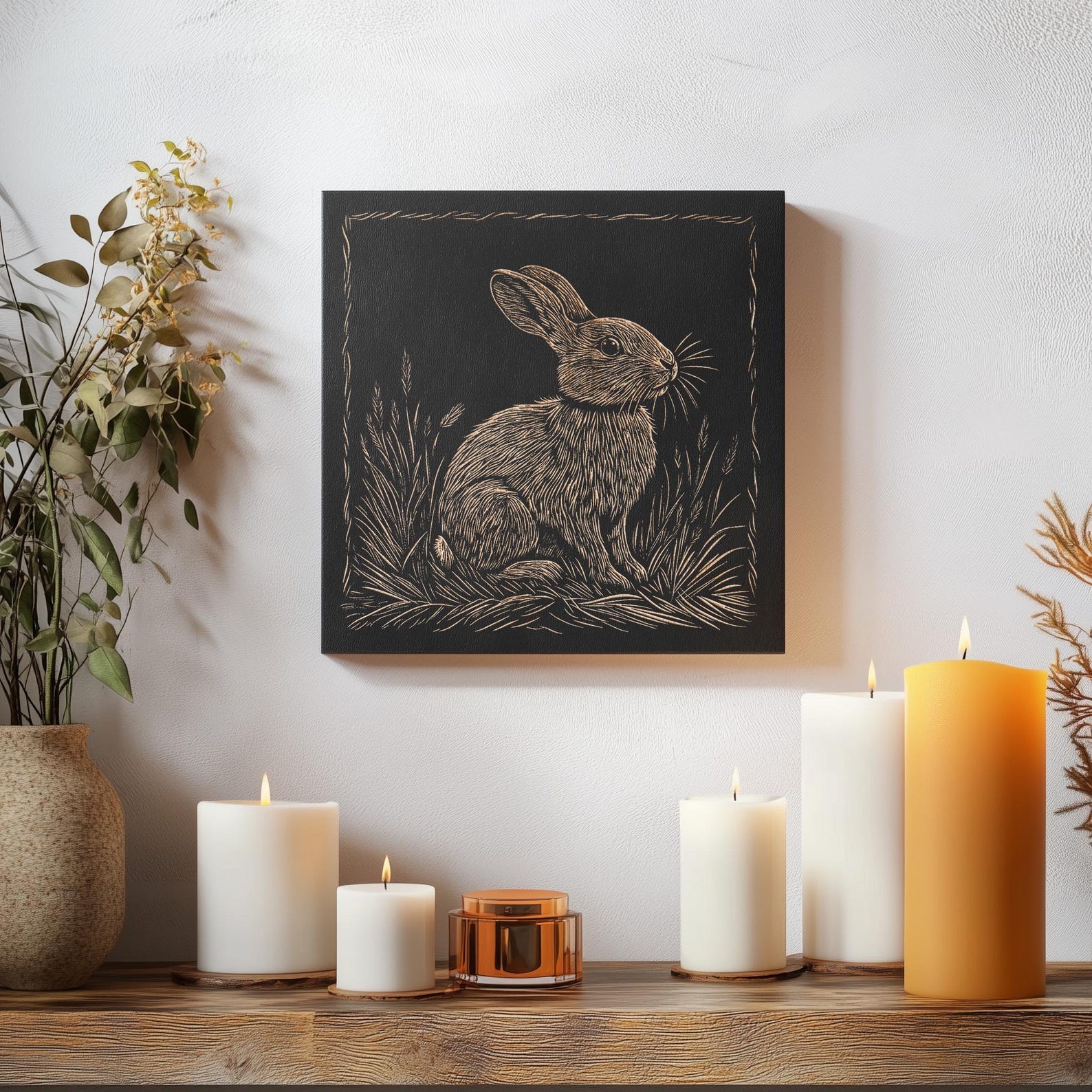 Rabbit Engraved Birch Wood Panel | Block Print Style Woodland Wall Art ...