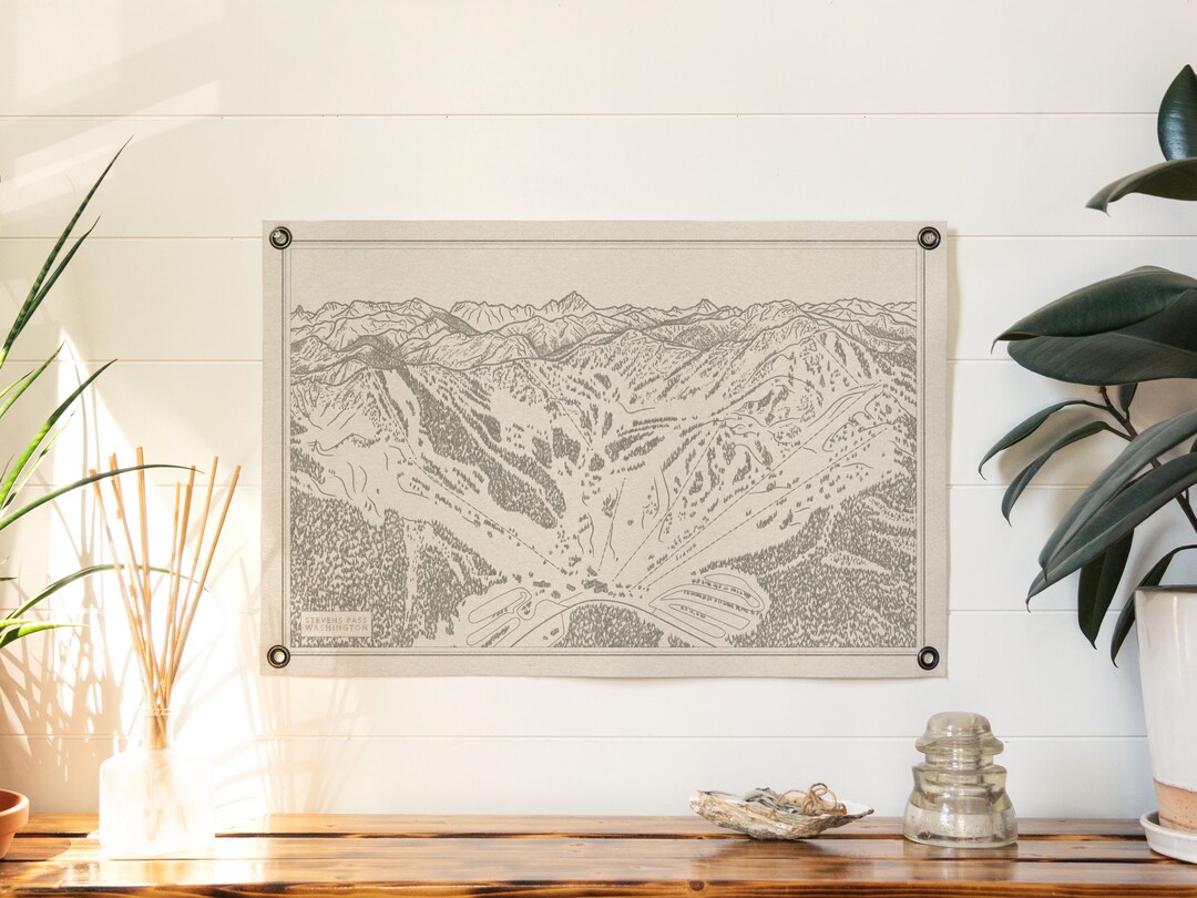 Stevens Pass WA Mountain Map Felt Poster Banner Vintage Ski Snowboard ...