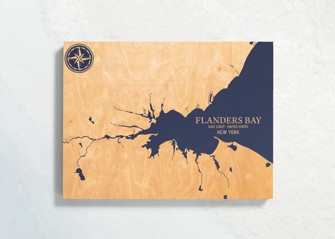 Flanders Bay, New York Map | Engraved Wood Coastal Chart Wall Art Sign ...