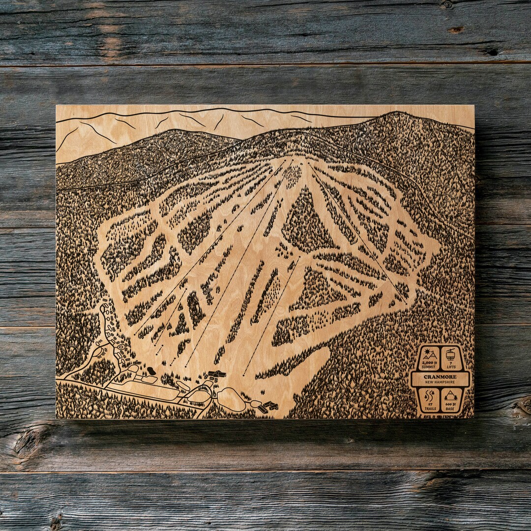 Cranmore New Hampshire Ski Trail Map | Engraved Wood Wall Art, Winter ...