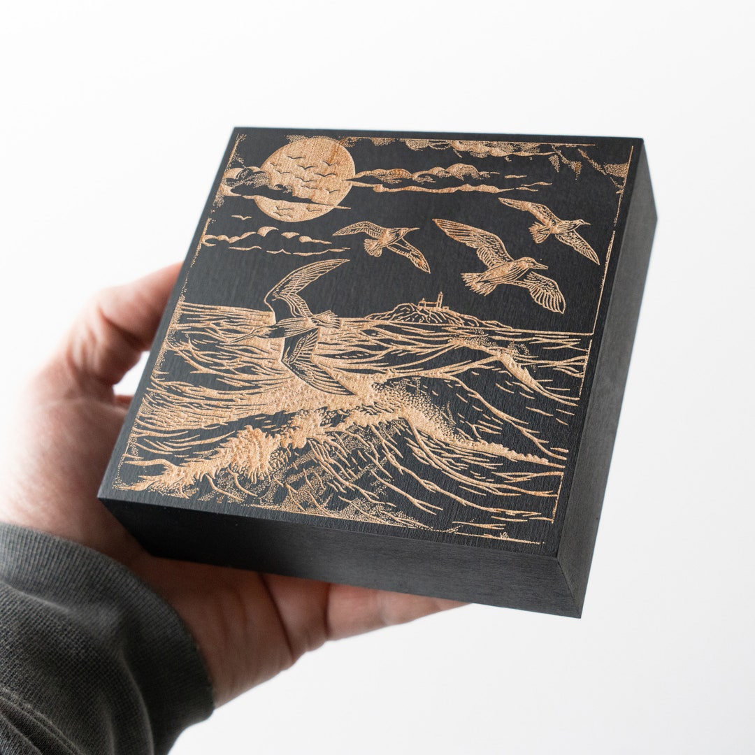 Sea Gull Scene Mini Engraved Birch Wood Panel Block Print Style Sailing ...