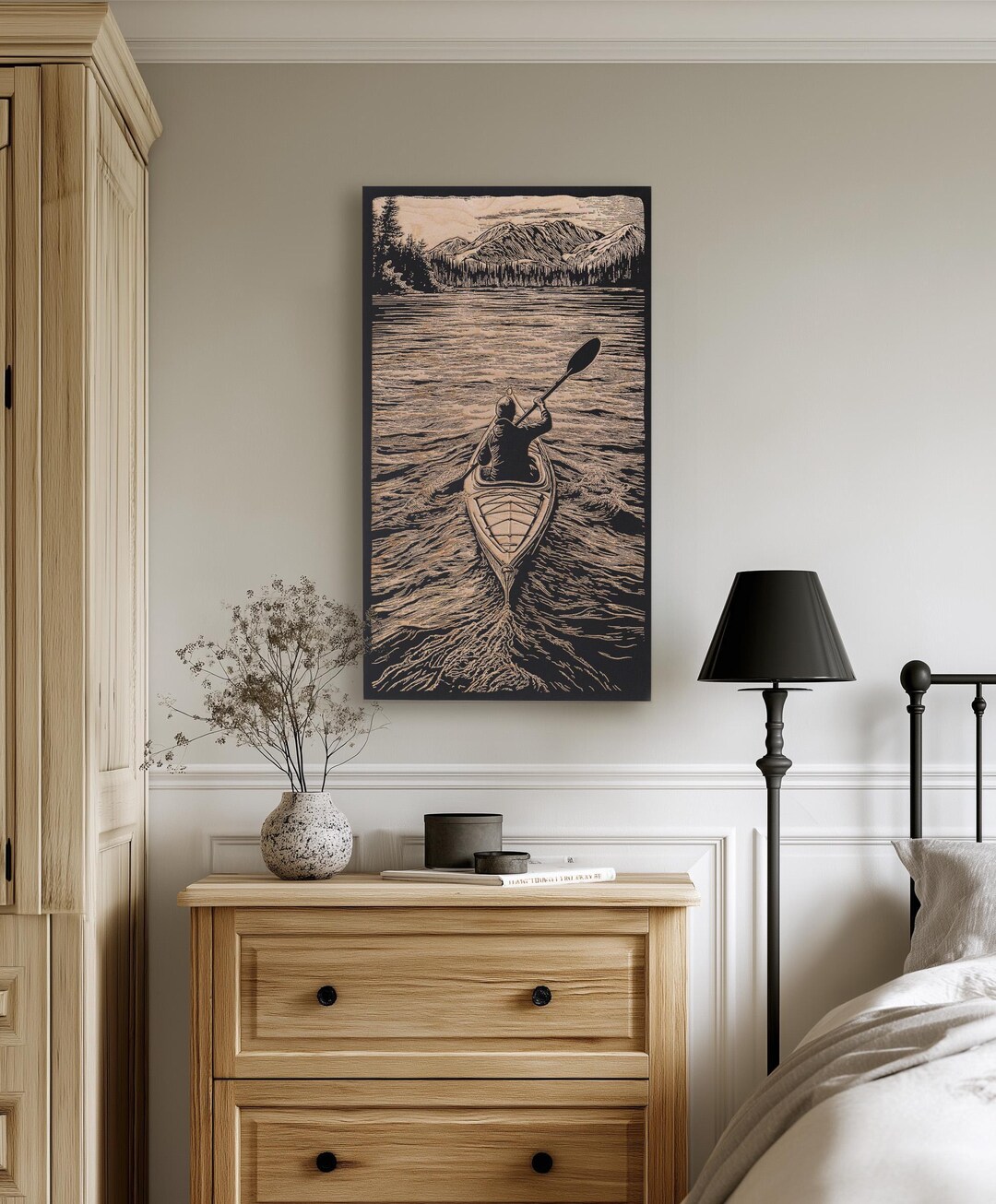Kayaker Engraved Birch Wood Panel | Block Print Inspired Marine Wall ...