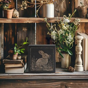 Rabbit Engraved Birch Wood Panel | Block Print Style Woodland Wall Art ...