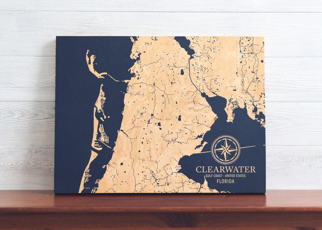 Mapa de Clearwater, Florida / Letrero de madera grabado con diseño ...