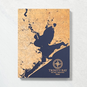 Trinity Bay, Texas Map | Engraved Wood Coastal Chart Wall Art Sign ...