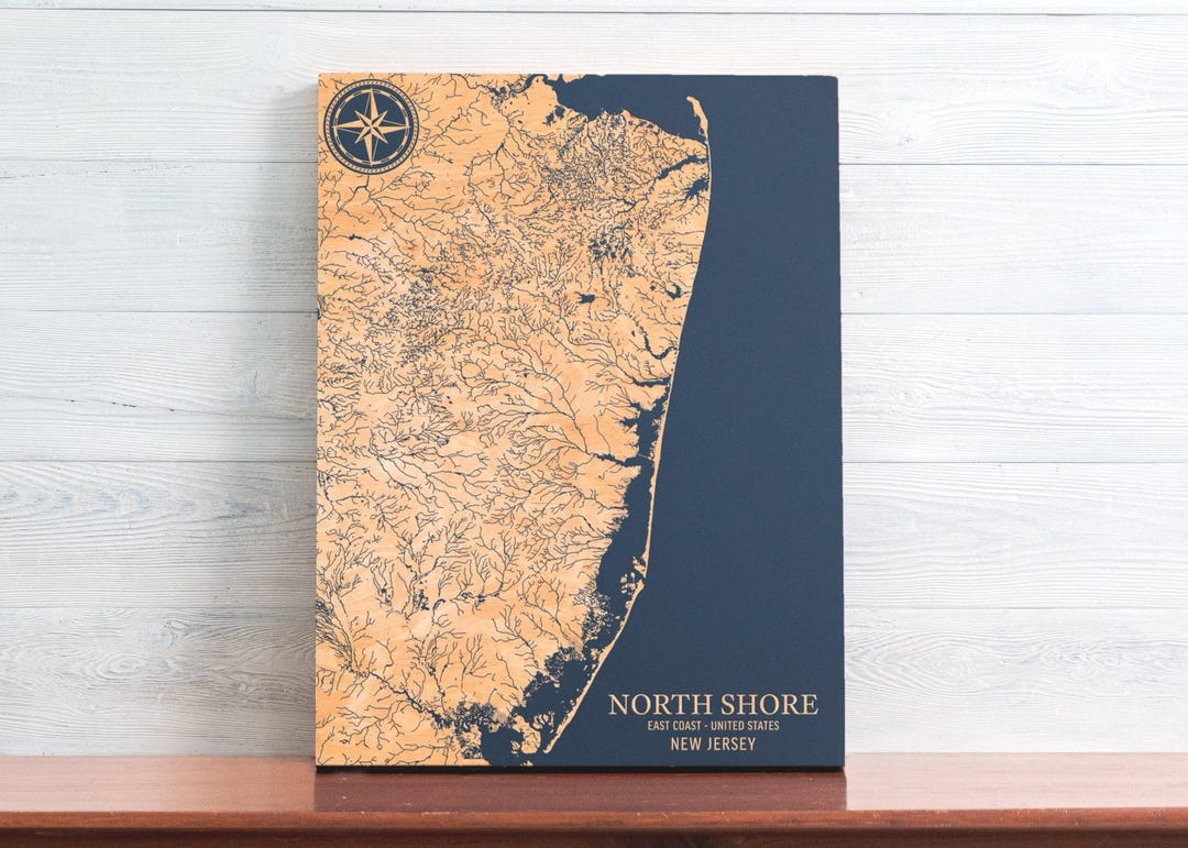 North Shore, New Jersey Map | Engraved Wood Coastal Chart Wall Art Sign ...
