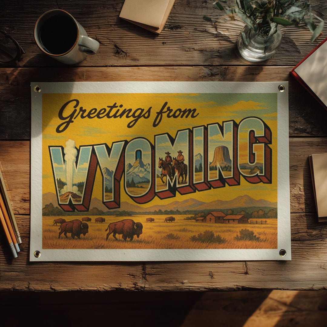 Wyoming Felt Banner | Retro Greetings From Travel Postcard Wall Art ...
