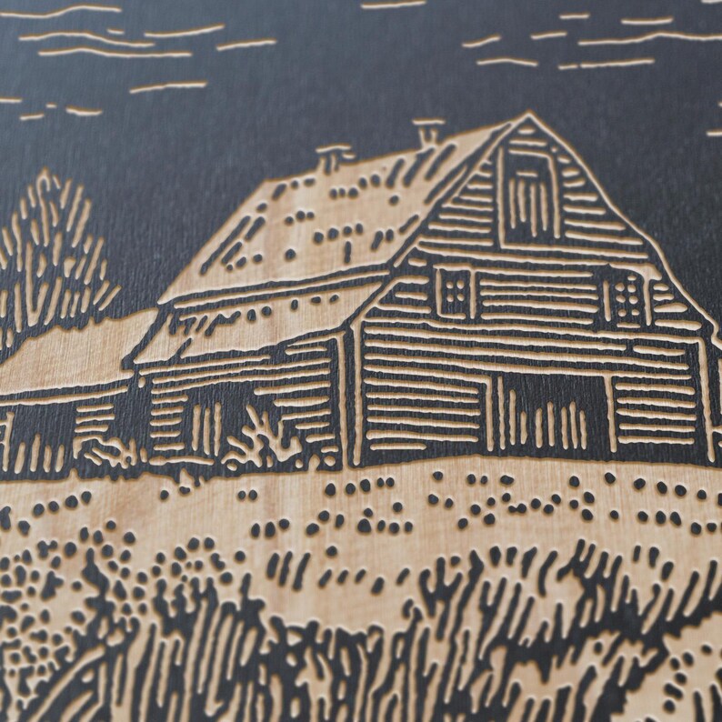 Farm Barn & Silo Engraved Wood Wall Art Panel | Linocut Block Print ...