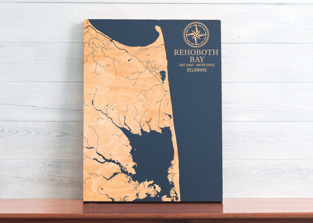 Rehoboth Bay Delaware Map Engraved Wood Coastal Wall Art Sign, Beach ...