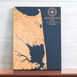 Rehoboth Bay Delaware Map Engraved Wood Coastal Wall Art Sign, Beach ...