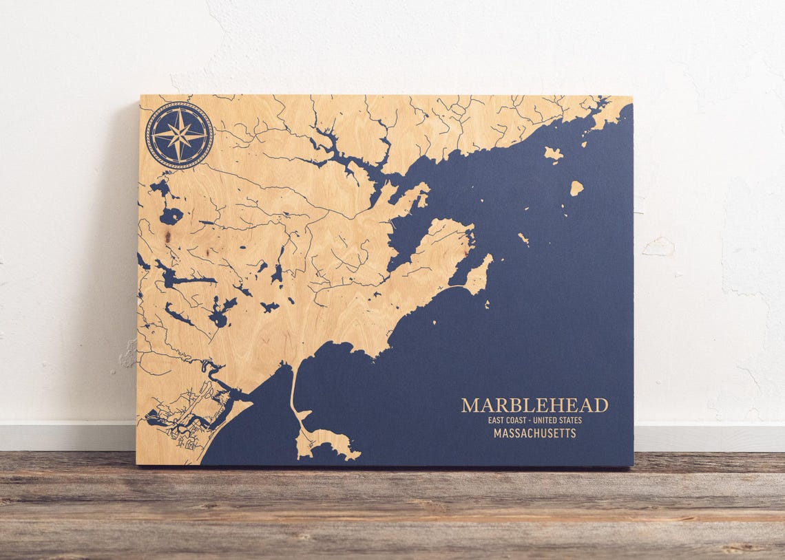 Marblehead, Massachusetts Map | Engraved Wood Coastal Chart Wall Art ...