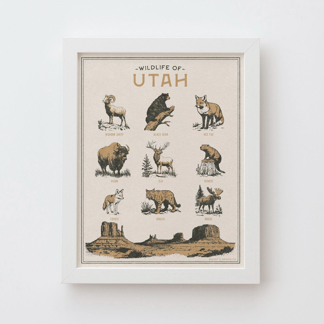 Utah Wildlife Wall Art Print - Vintage Poster Design, Archival Quality ...