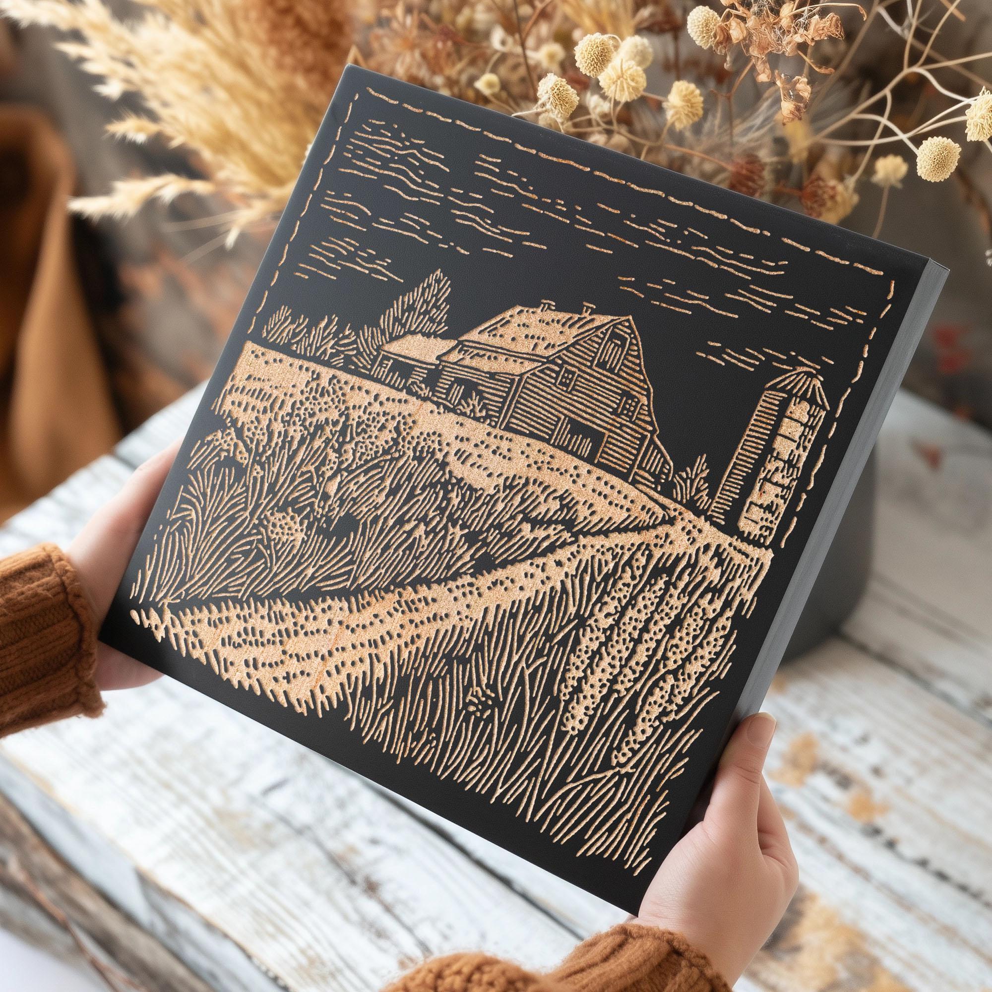 Farm Barn & Silo Engraved Wood Wall Art Panel | Linocut Block Print ...
