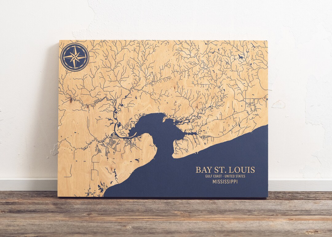 Bay St Louis, Mississippi Map | Engraved Wood Coastal Chart Wall Art ...