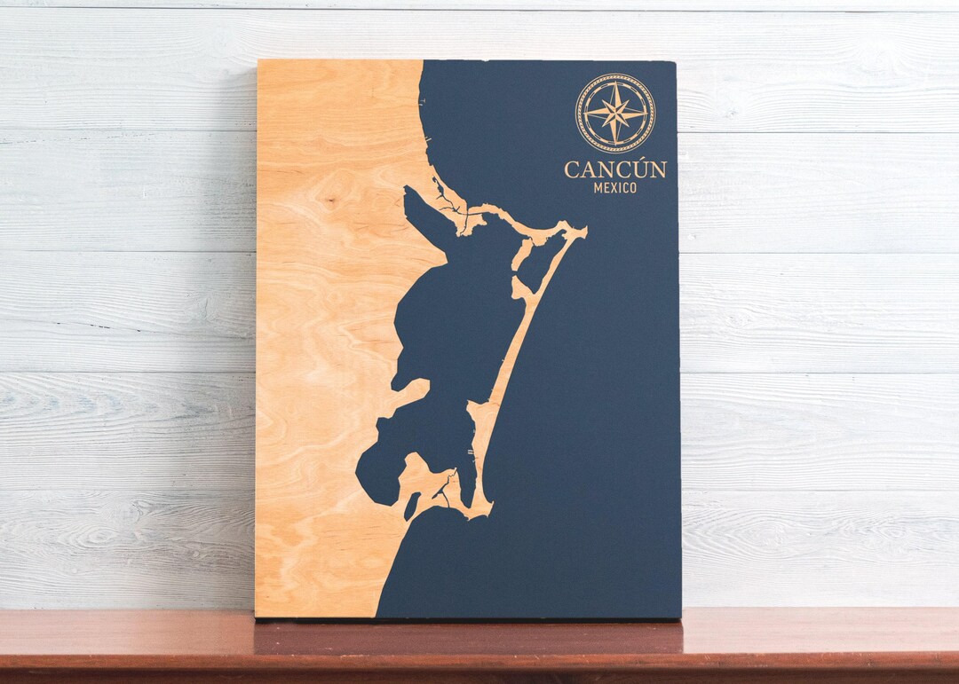 Cancun, Mexico Map | Engraved Wood Coastal Chart Wall Art Sign, Beach ...