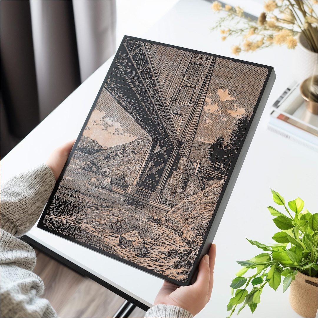 Golden Gate Bridge Scene Wall Art | Engraved Wood Lithograph Travel ...